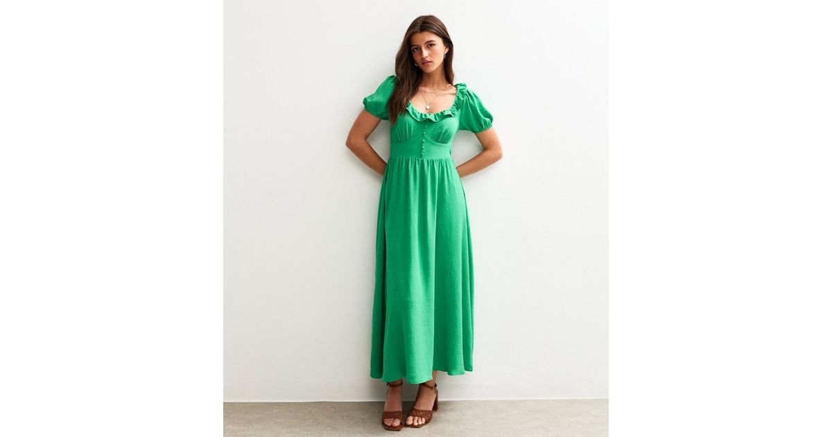 Bright Green Ruffle Trim V-Neck Midi Dress | New Look