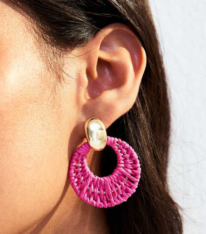 Bright Pink Thread Wrap Doorknocker Earrings | New Look