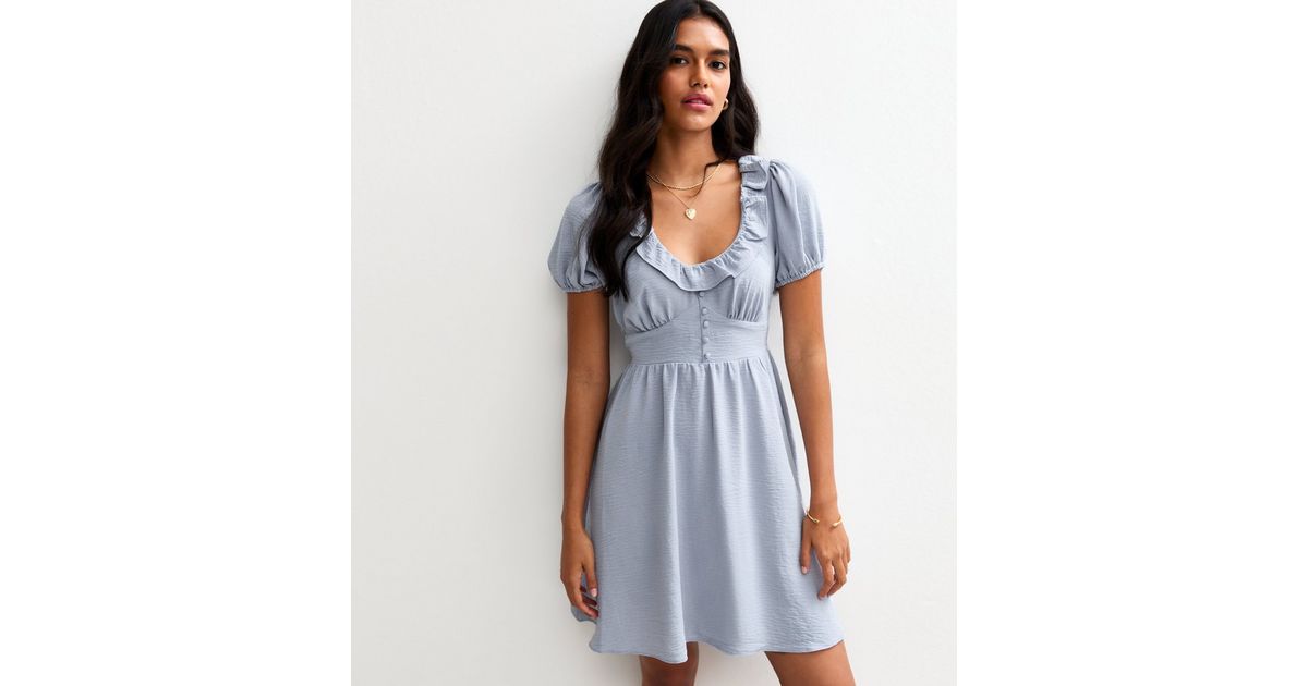 Blue Ruffle Trim Puff Sleeve Mini Dress | New Look