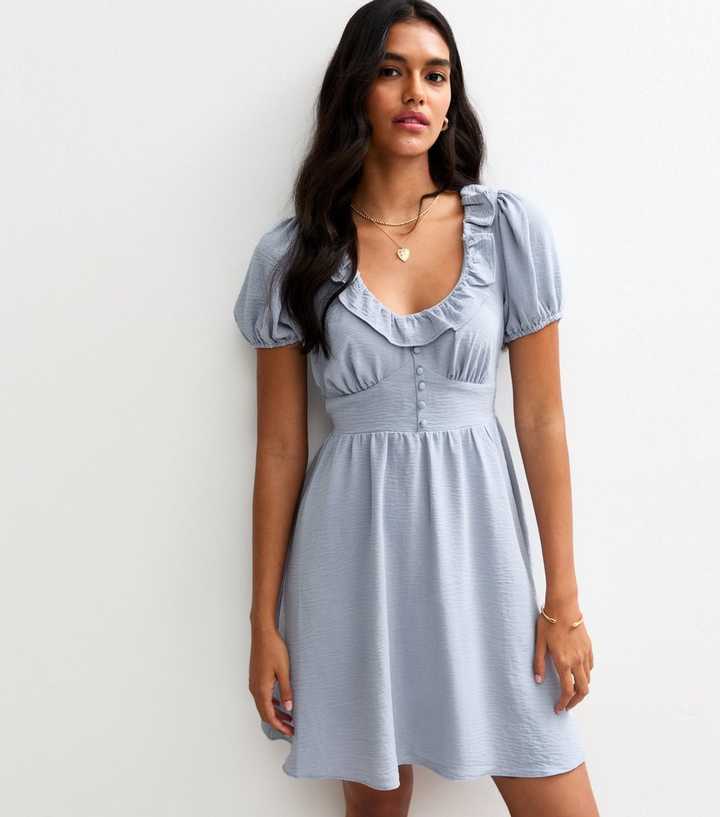 Blue Ruffle Trim Puff Sleeve Mini Dress | New Look