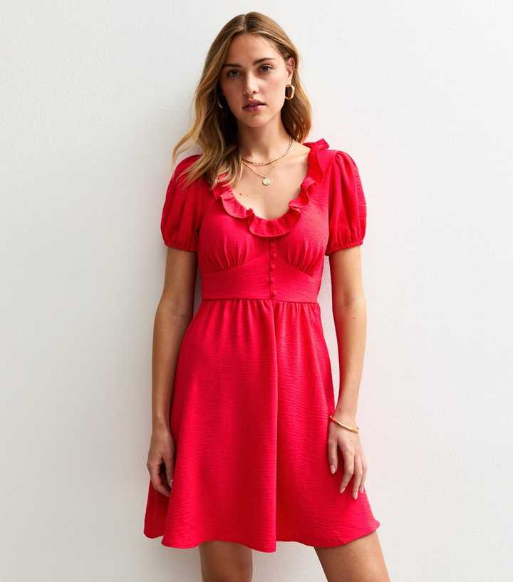 Red Ruffle Trim Puff Sleeve Mini Dress | New Look