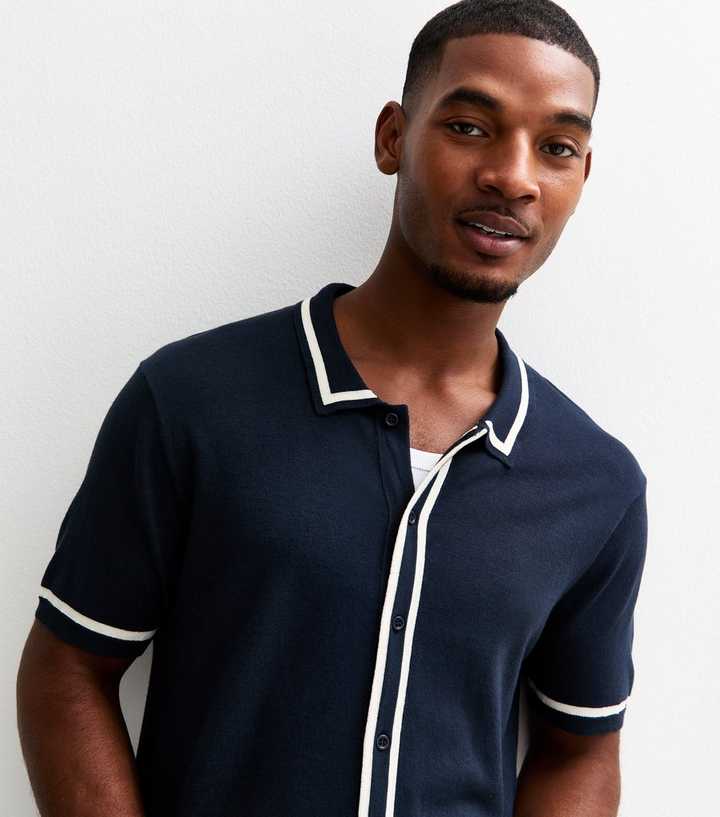 Dark Blue Regular Fit Contrast Trim Stripe Placket Shirt | New Look