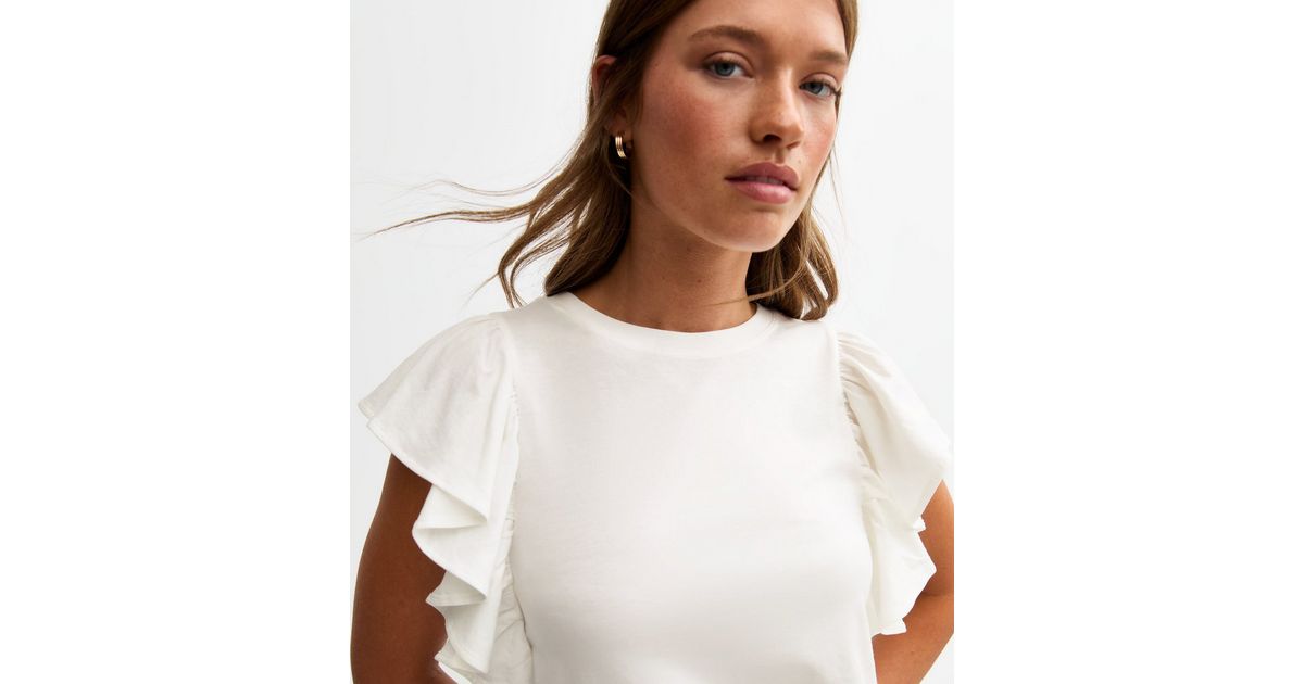 White Ruffled Sleeve Jersey Top | New Look