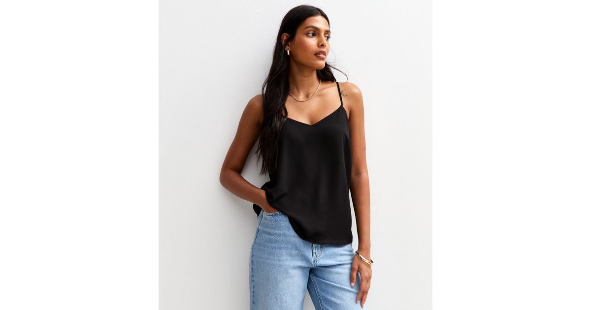 Black Strappy V-Neck Cami Top | New Look