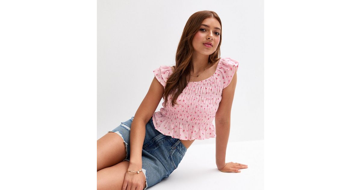 Girls Floral Print Shirred Front Frill Sleeve Top | New Look
