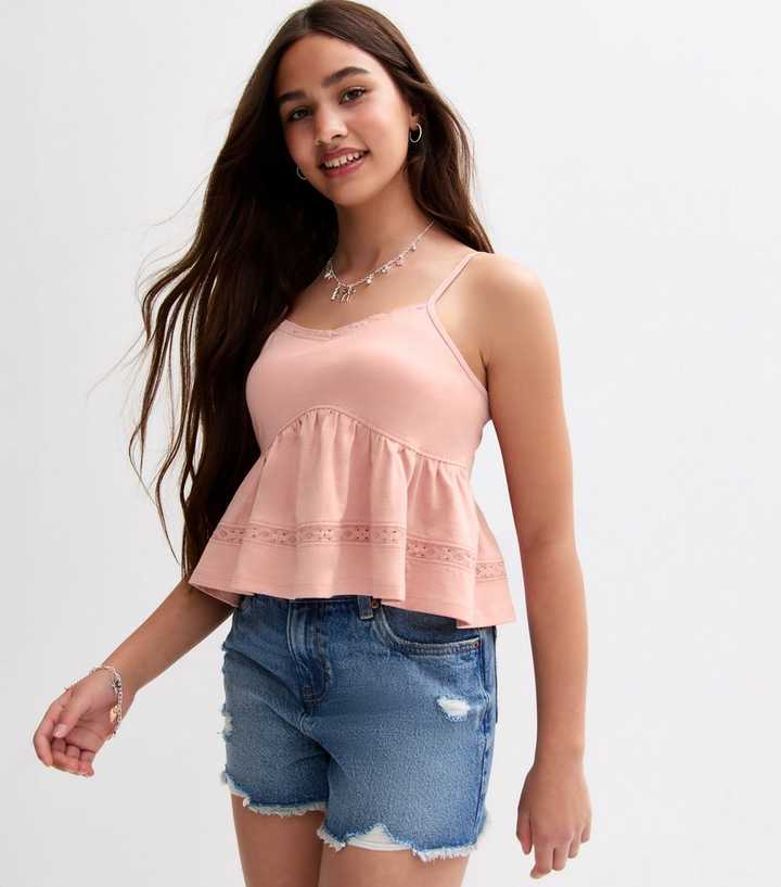Girls Pink Lace Insert V-Neck Cami Top | New Look