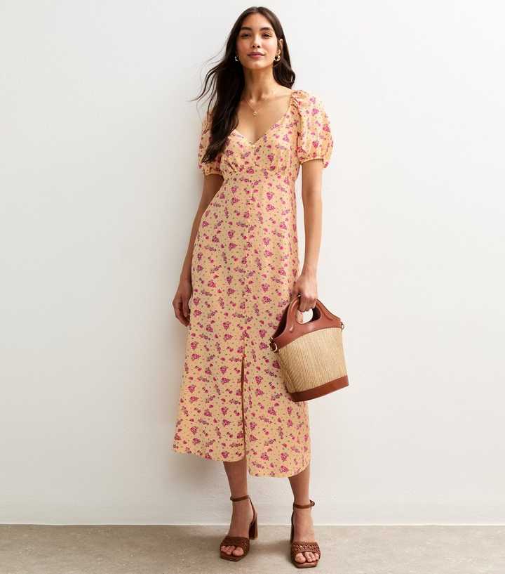 Yellow Floral Print Puff Sleeve Midi Dress | New Look