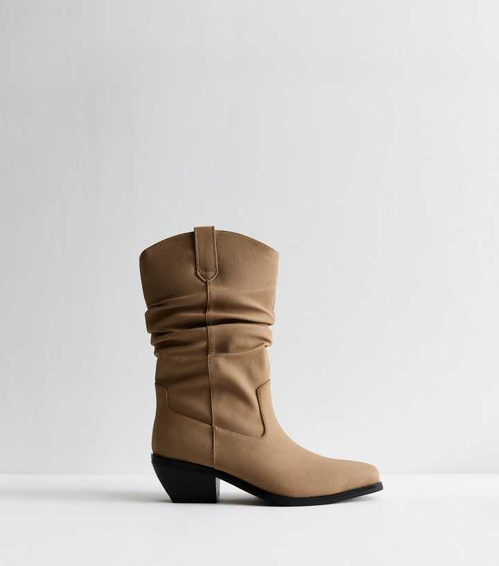 Camel Faux Suede Cuban Heel Slouched Ankle Boots | New Look