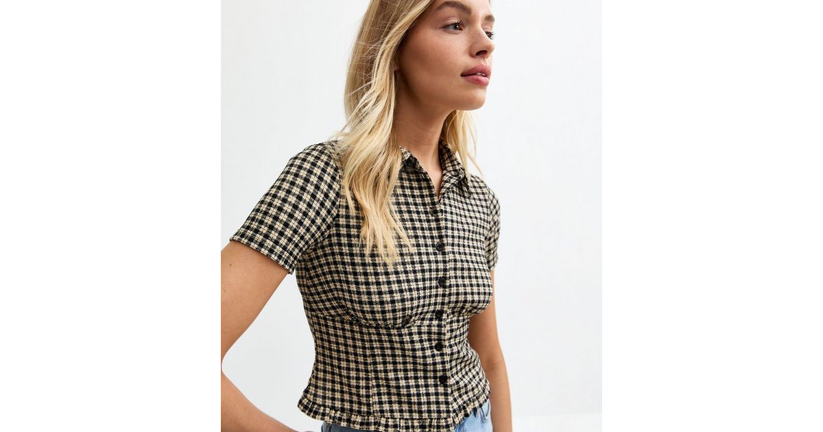 Black Jersey Check Short Sleeve Frill Hem Shirt | New Look