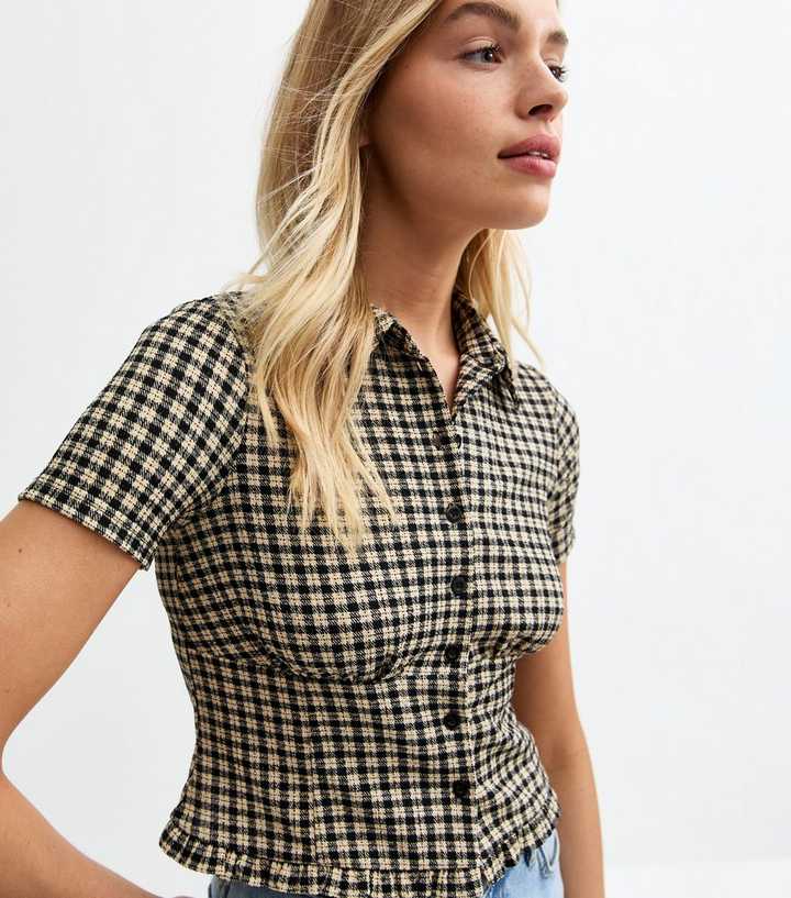 Black Jersey Check Short Sleeve Frill Hem Shirt | New Look