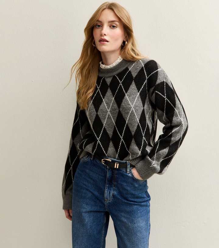 Grey Argyle Crew Neck Midweight Knit Jumper | New Look