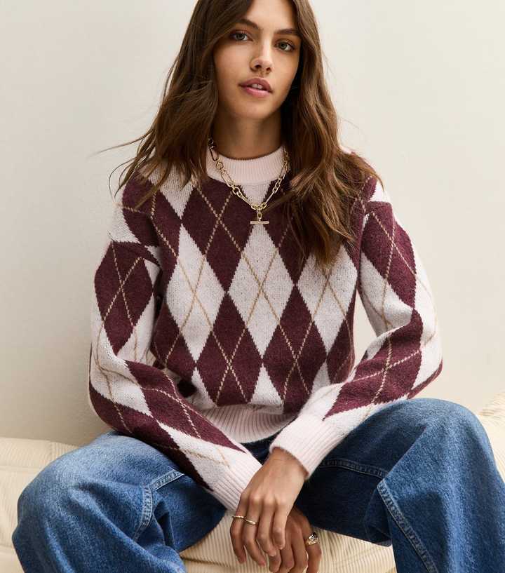 Red Argyle Crew Neck Midweight Knit Jumper | New Look