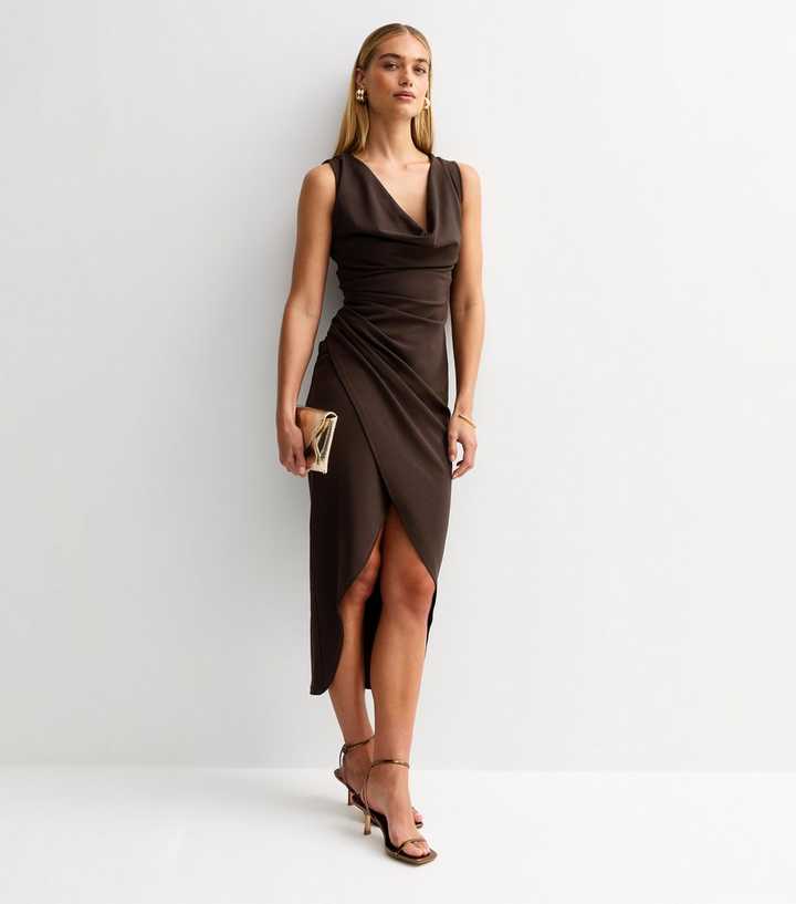 Dark Brown Cowl Neck Draped Midi Dress | New Look