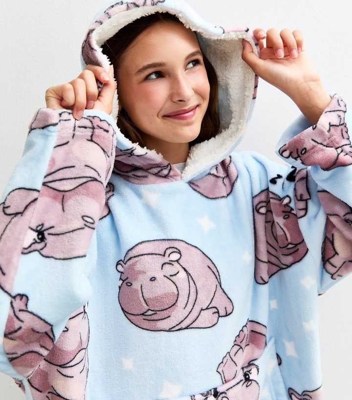 Girls Light Blue Hippo Design Oversized Fleece Hoodie | New Look