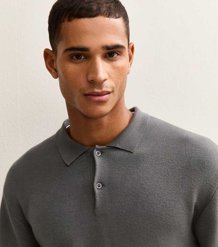 Grey Relaxed Fit Long Sleeve Button Polo Shirt | New Look