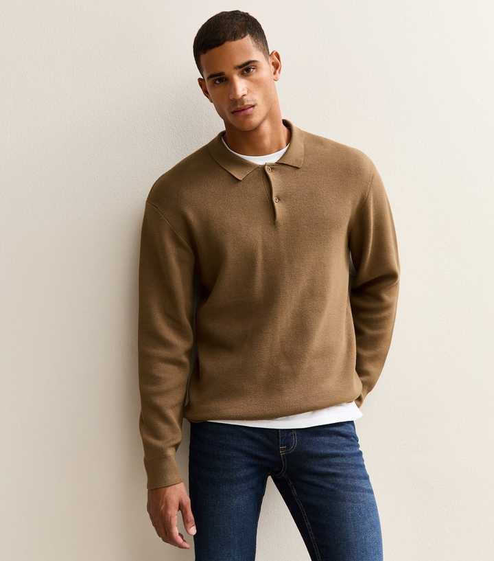Brown Relaxed Fit Long Sleeve Button Polo Shirt | New Look