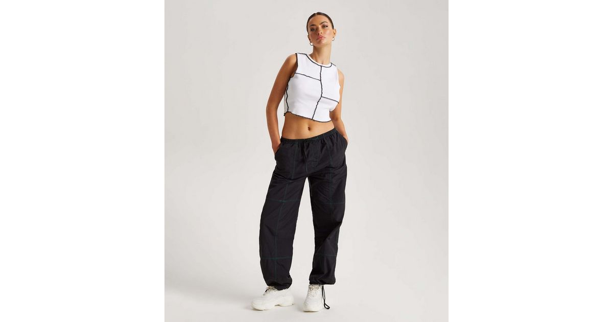 Urban Bliss Black Contrast Stitch Parachute Trousers | New Look