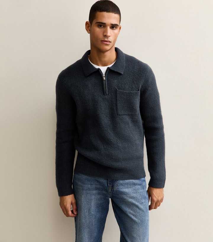 Navy Regular Fit Long Sleeve Brushed Quarter Zip Polo Knit Jumper | New ...