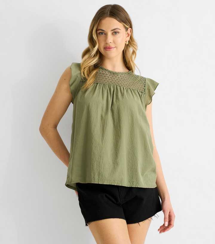 Gini London Khaki Crochet Panel Top | New Look