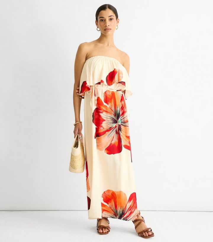 Gini London Oatmeal Floral Print Strapless Maxi Dress | New Look