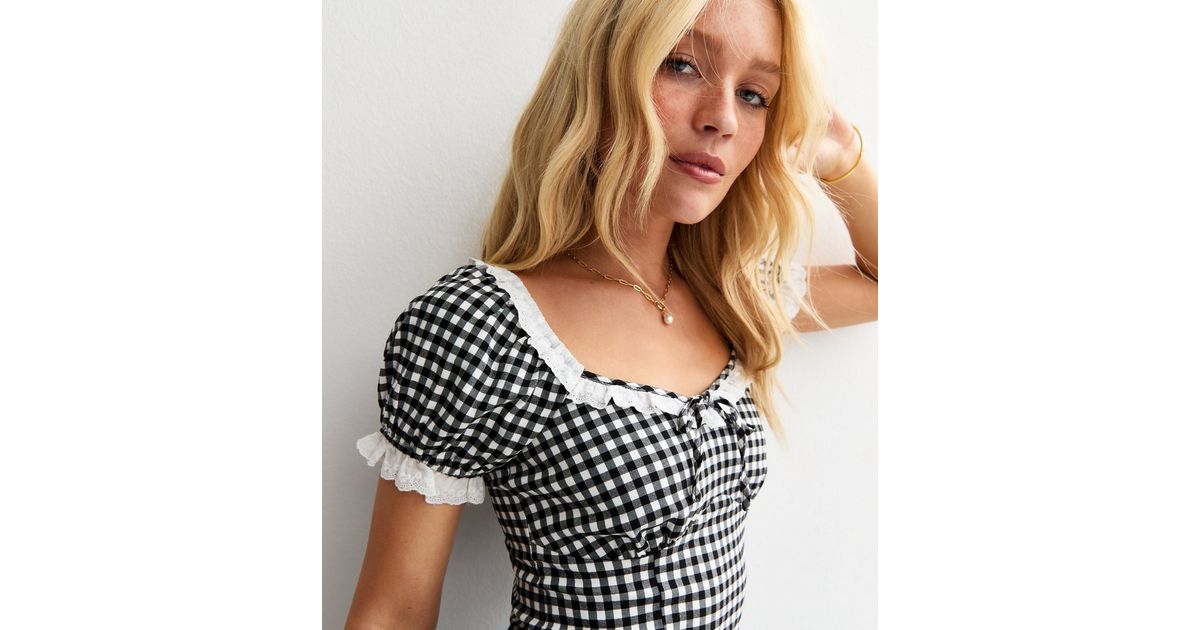 Black Gingham Check Frilly Trim Top | New Look