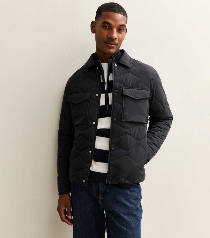 Dark Grey Patch Pocket Collared Quilted Jacket | New Look