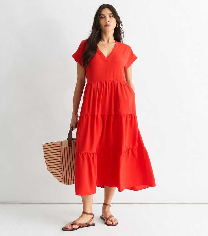 Gini London Red Tiered Midi Smock Dress | New Look
