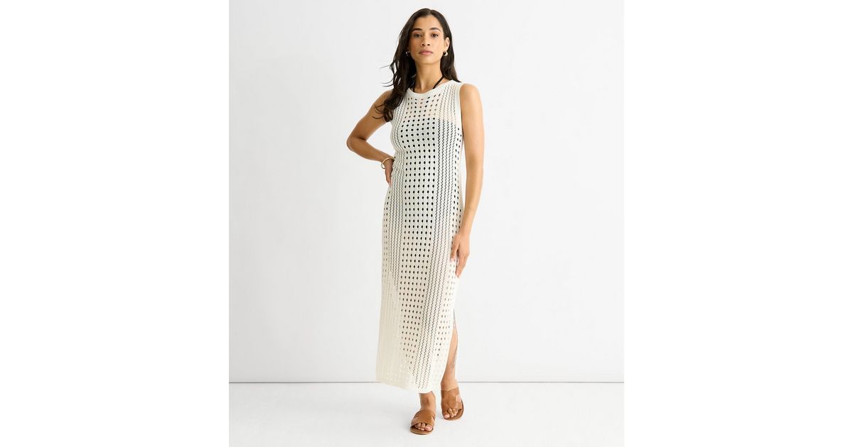 Gini London White Crochet Knit Bodycon Midi Dress | New Look