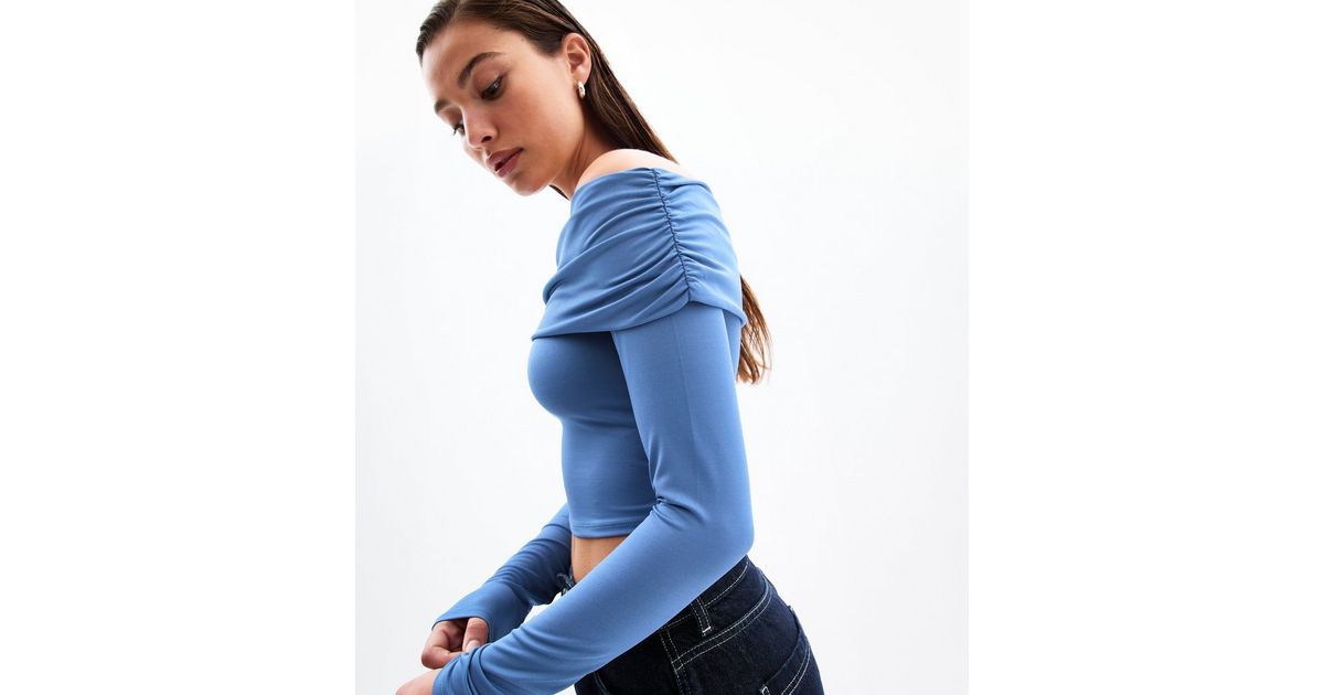 Blue Long Sleeve Ruched Bardot Top | New Look
