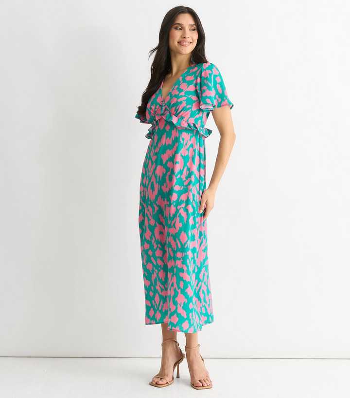 Gini London Green Animal Print Ruffled Midi Dress | New Look