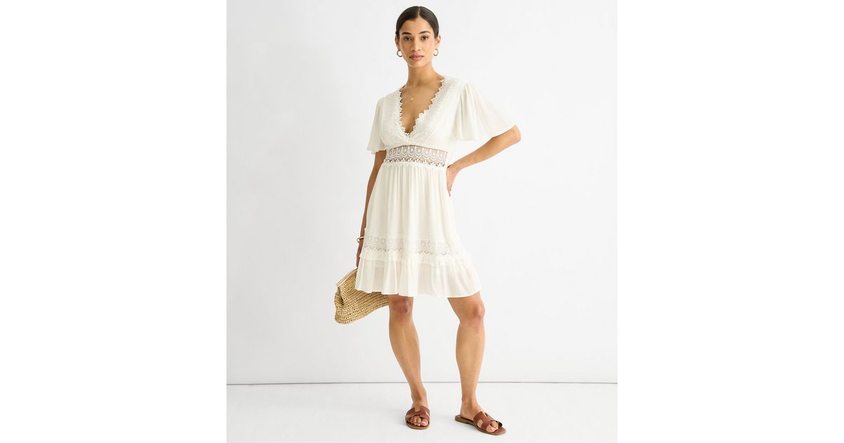 Gini London White Lace Trim Mini Skater Dress | New Look