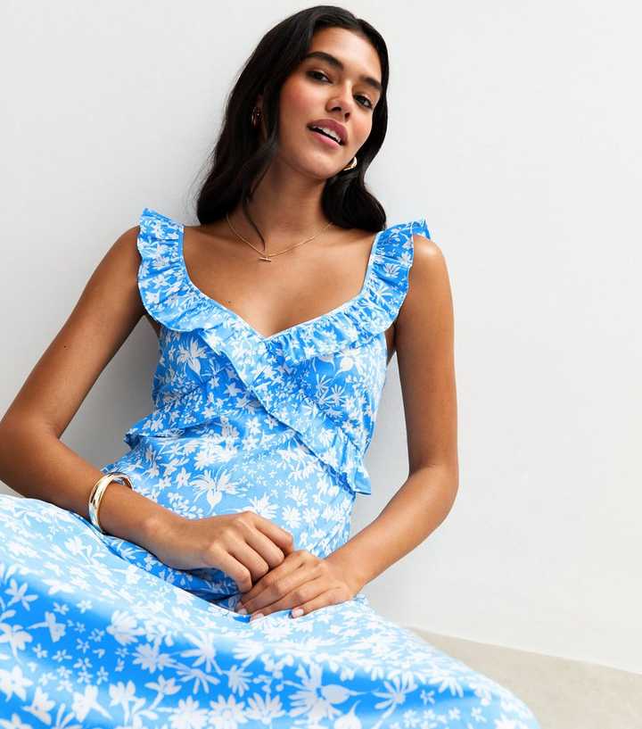 Blue Crepe Floral Print Crossover Ruffle Front Midi Dress | New Look