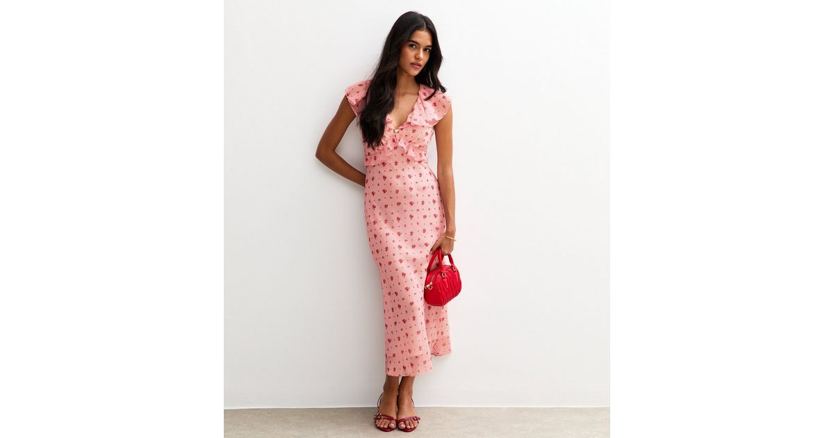 Pink Rose Print Ruffle Midi Dress | New Look
