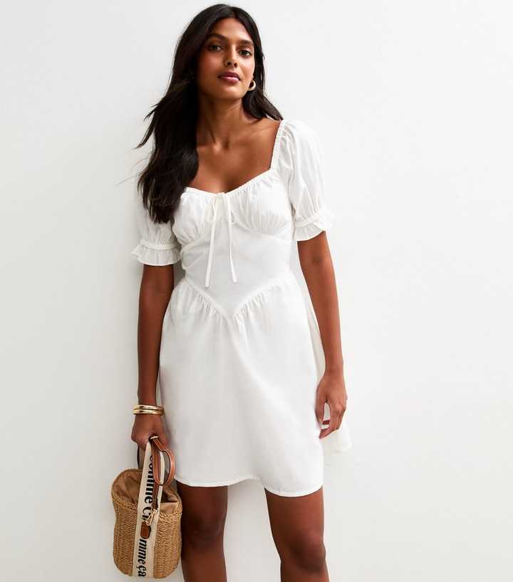 White Short Sleeve Poplin V Waist Mini Dress | New Look