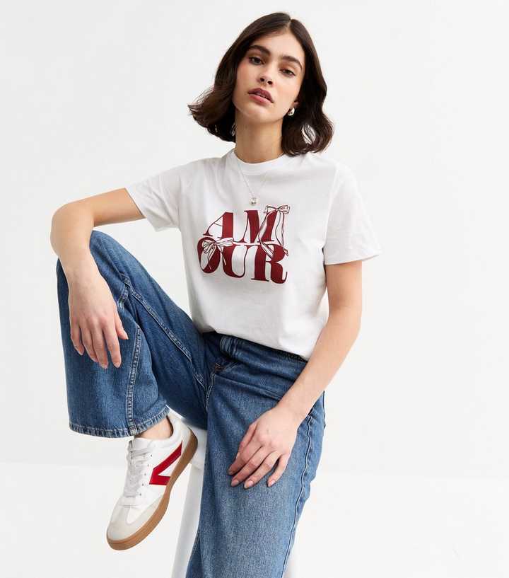 White Amour Bow Print T-Shirt | New Look
