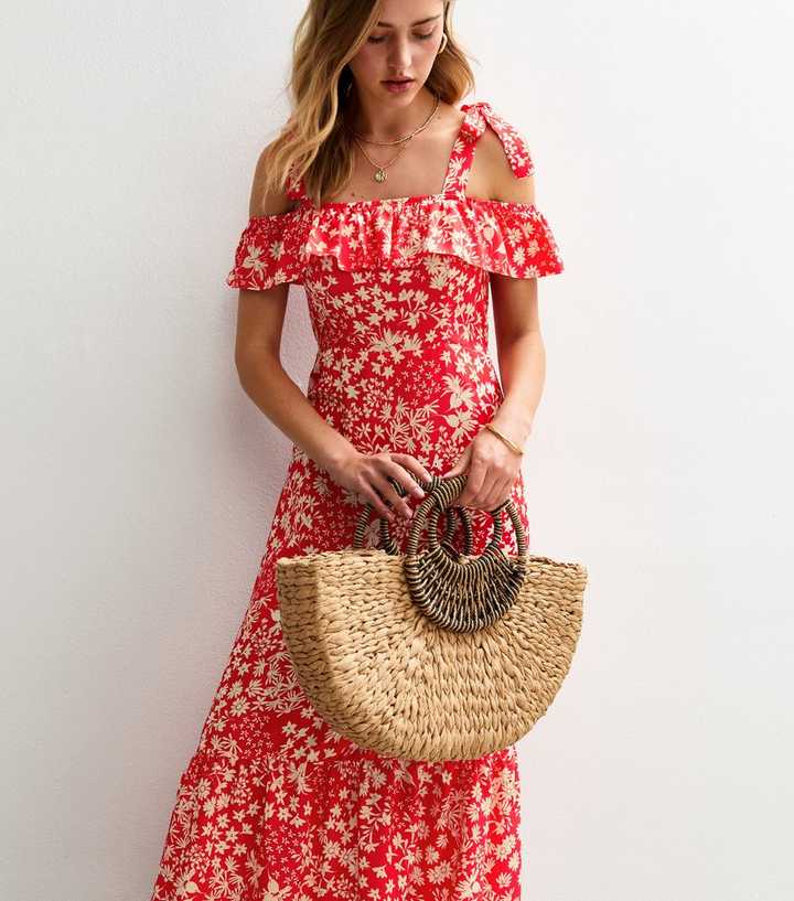 Red Floral Print Shoulder Tie Ruffled Midi Dress | New Look