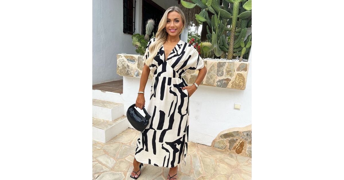 AX Paris Black Abstract Print V Neck Batwing Midi Dress | New Look