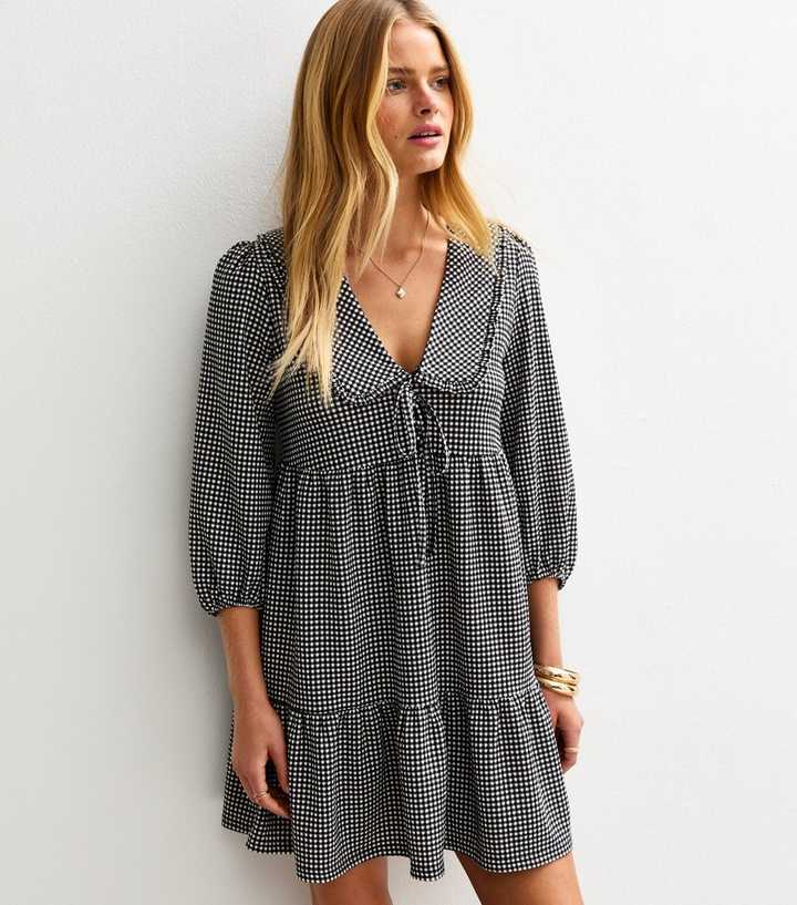 Black Micro Gingham Check Collared Mini Dress | New Look