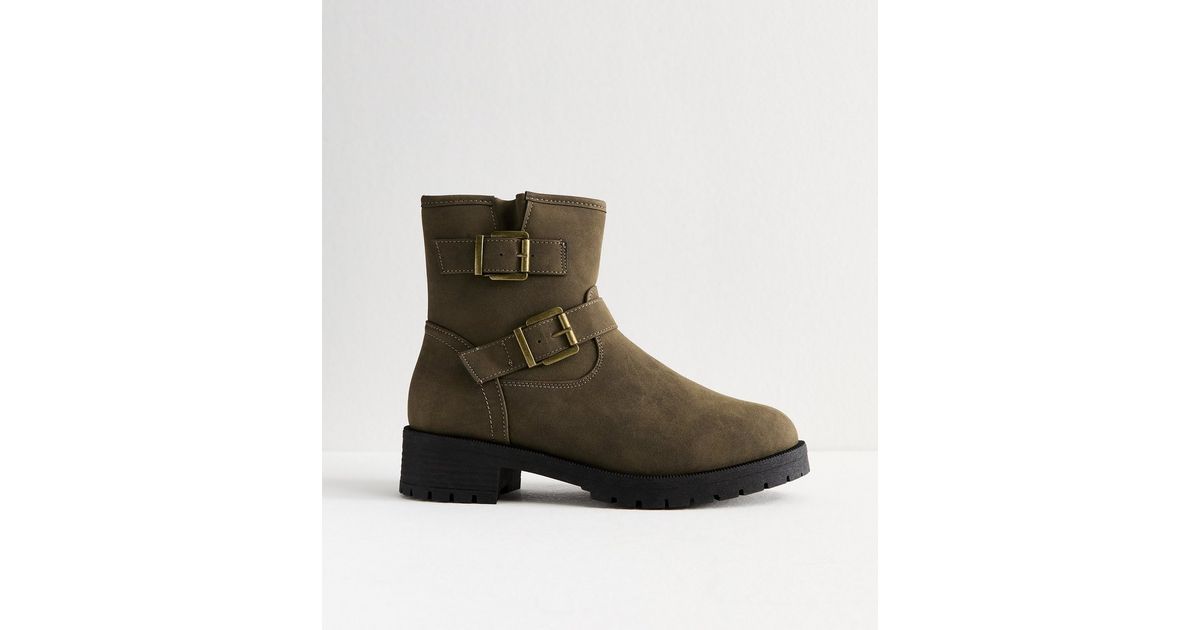Dark Khaki Faux Suede Buckled Boots | New Look