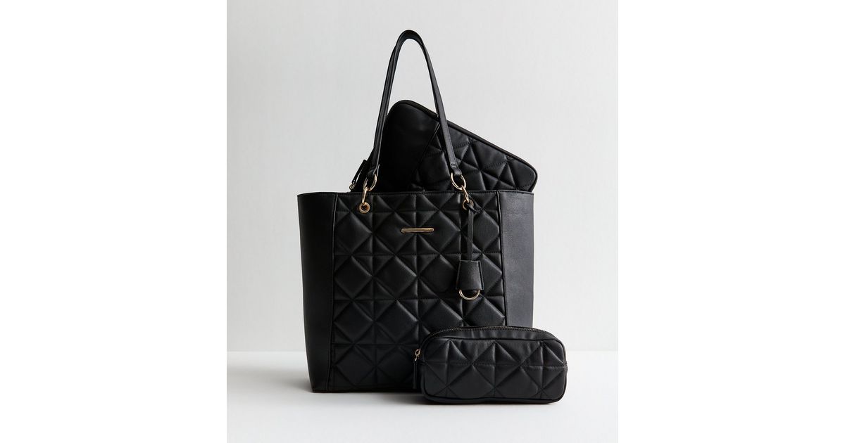 Black Faux Leather Diamond Quilted Tote Bag and Accessories Trio | New Look