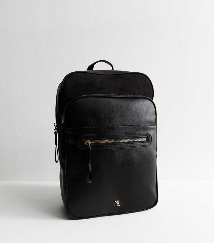 Black Faux Leather Logo Plaque Zip Backpack | New Look
