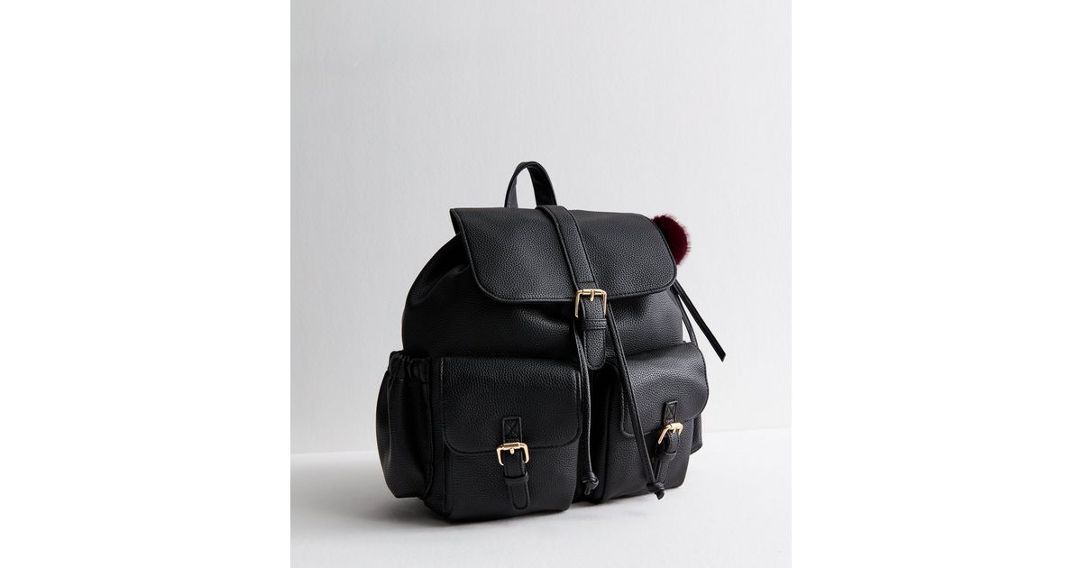 Black Faux Leather Multi-Pocket School Backpack | New Look