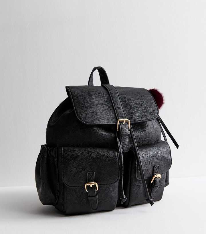 Black Faux Leather Multi-Pocket School Backpack | New Look