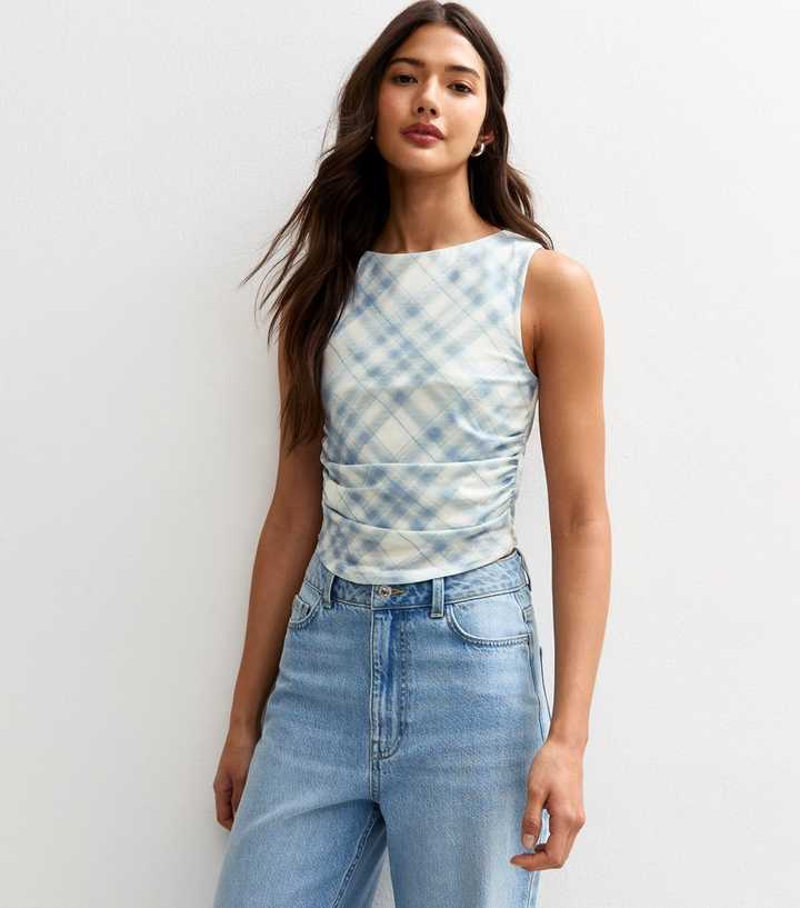 Blue Check Patterned Ruched Side Mesh Top | New Look