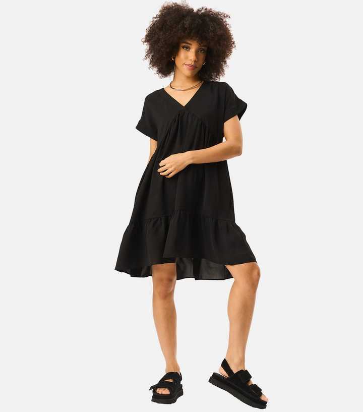 Gini London Black V-Neck Tiered Mini Dress | New Look