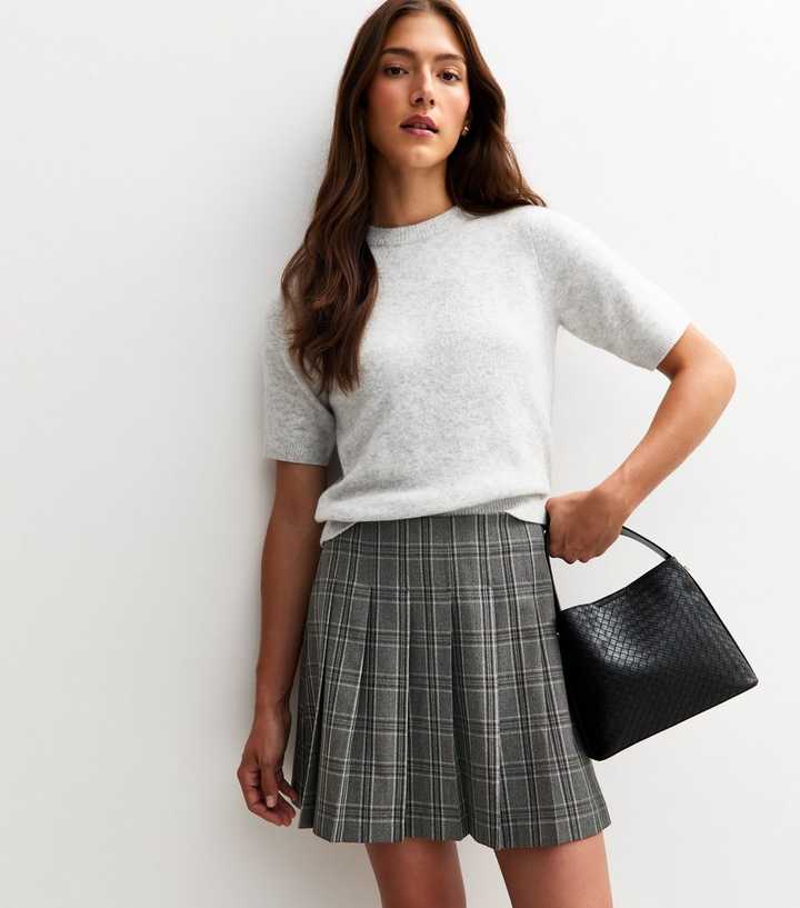 Grey Checked Box Pleat Mini Skirt | New Look