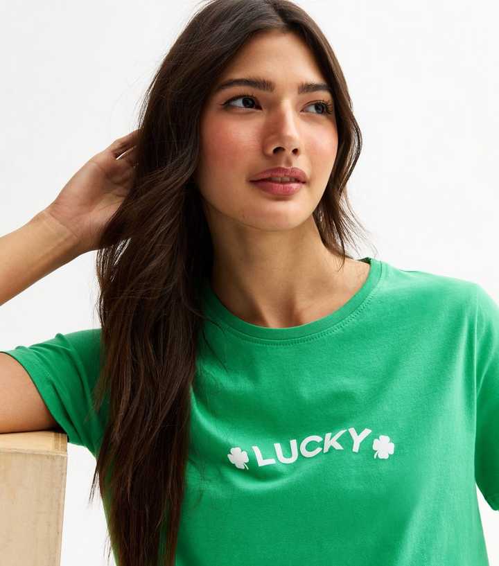 Green Lucky Slogan Print T-Shirt | New Look