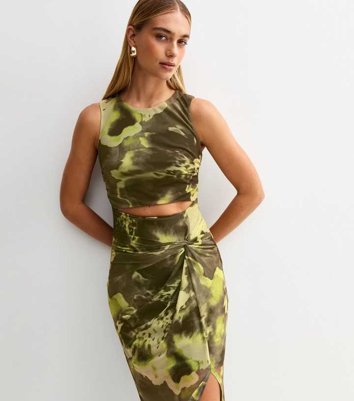 Green Blur Print Cut Out Mesh Midi Dress | New Look