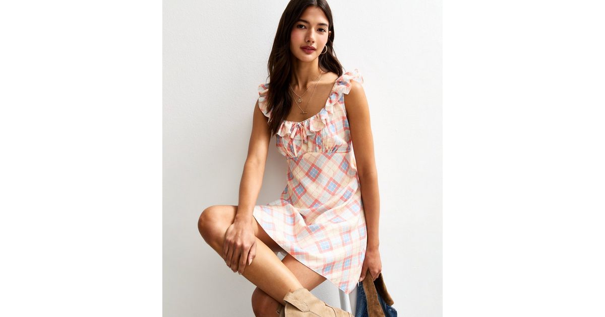 Cream Check Print Sweetheart Tie Back Mini Dress | New Look