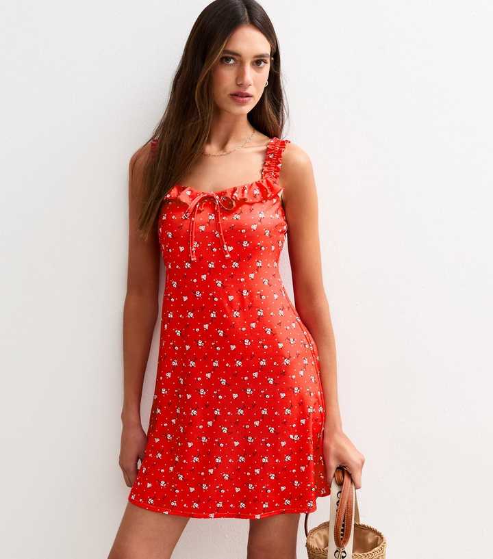 Red Floral Print Ruffle Trim Mini Dress | New Look